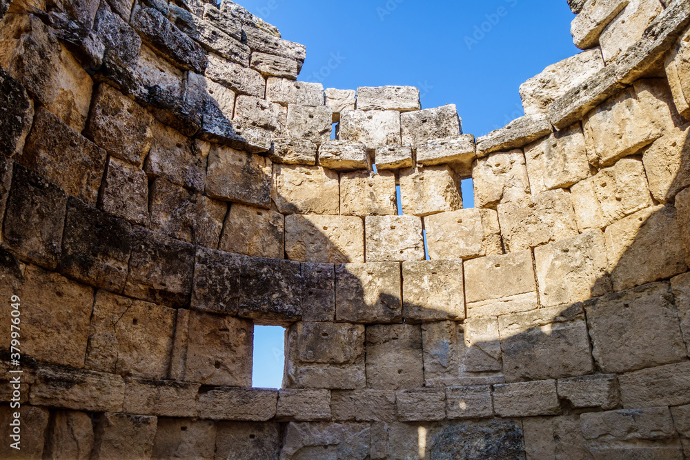 Bricklaying of antique tower in ancient city Hierapolis, Pamukkale ...