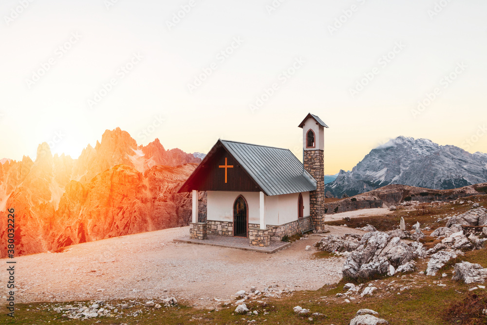 Famous Dolomites giant mountains peaks, and chapel near Drei Zinnen ...