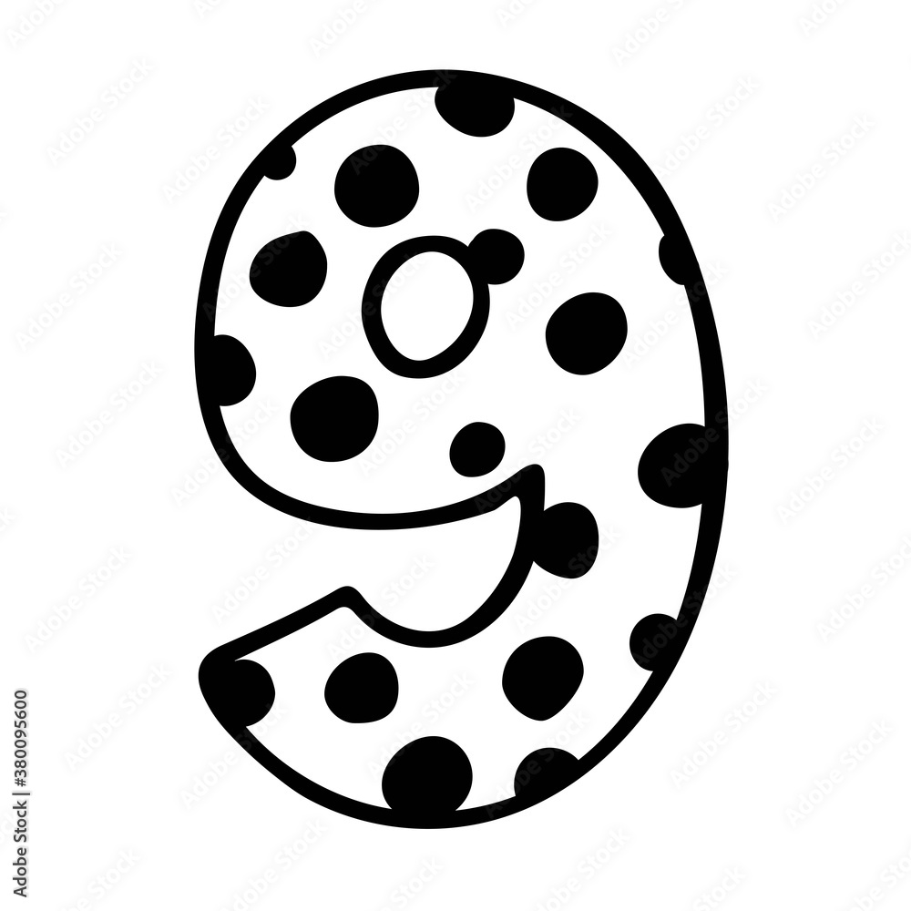 Cute number 9. Hand drown vector nine with polka dot. Design for 9 ...