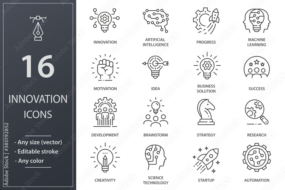 Innovation line icons set. Black vector illustration. Editable stroke ...