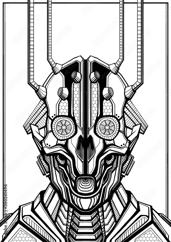 Mechanic character close-up, droid in armor with connected wires ...