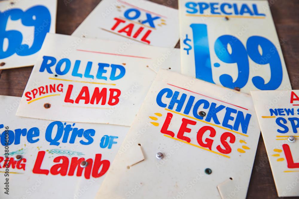 old signage and price tags from a butcher shop Stock Photo | Adobe Stock