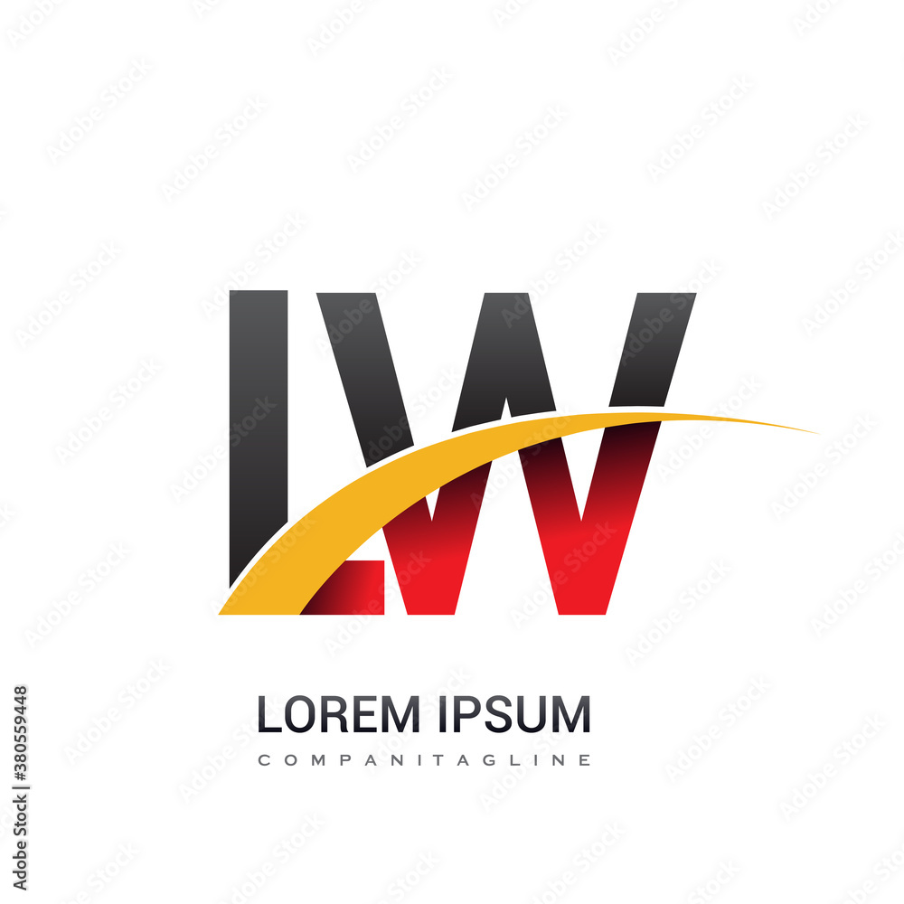 initial letter LW logotype company name colored red, black and yellow ...