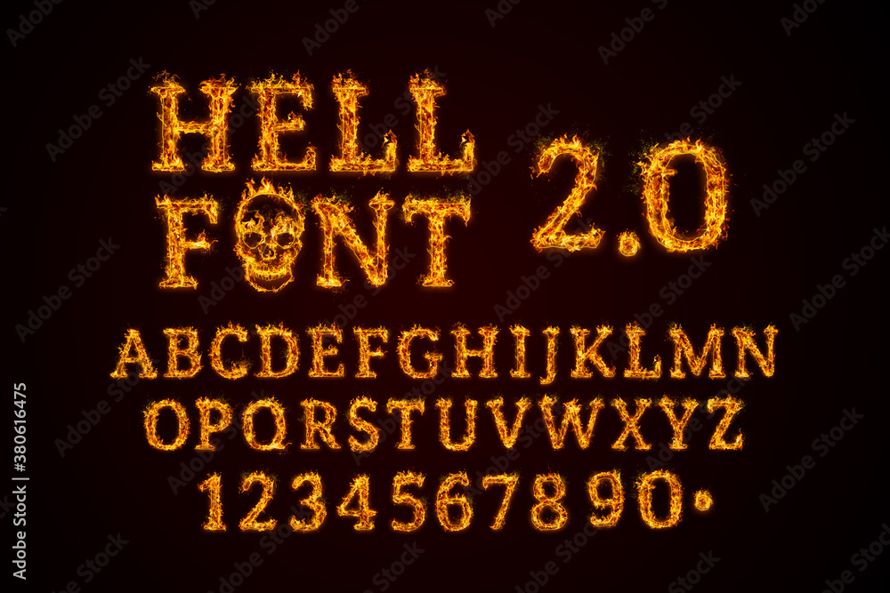 Hell Font 2.0 set. Fire flames on black isolated background, realistick ...