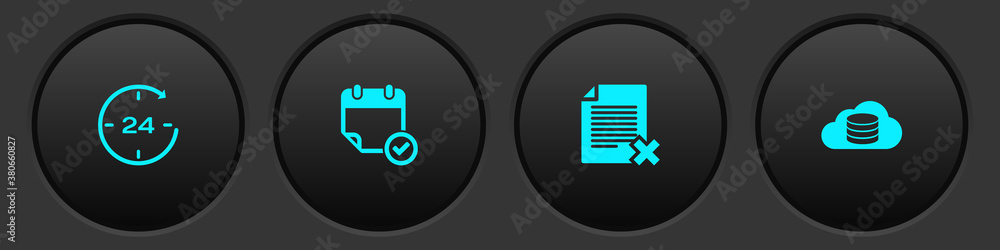 Set Clock 24 hours, Calendar with check mark, Delete file document and Cloud database icon ...