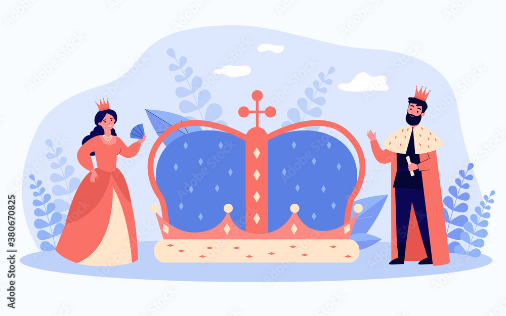 Tiny king and queen near big crown isolated flat vector illustration ...