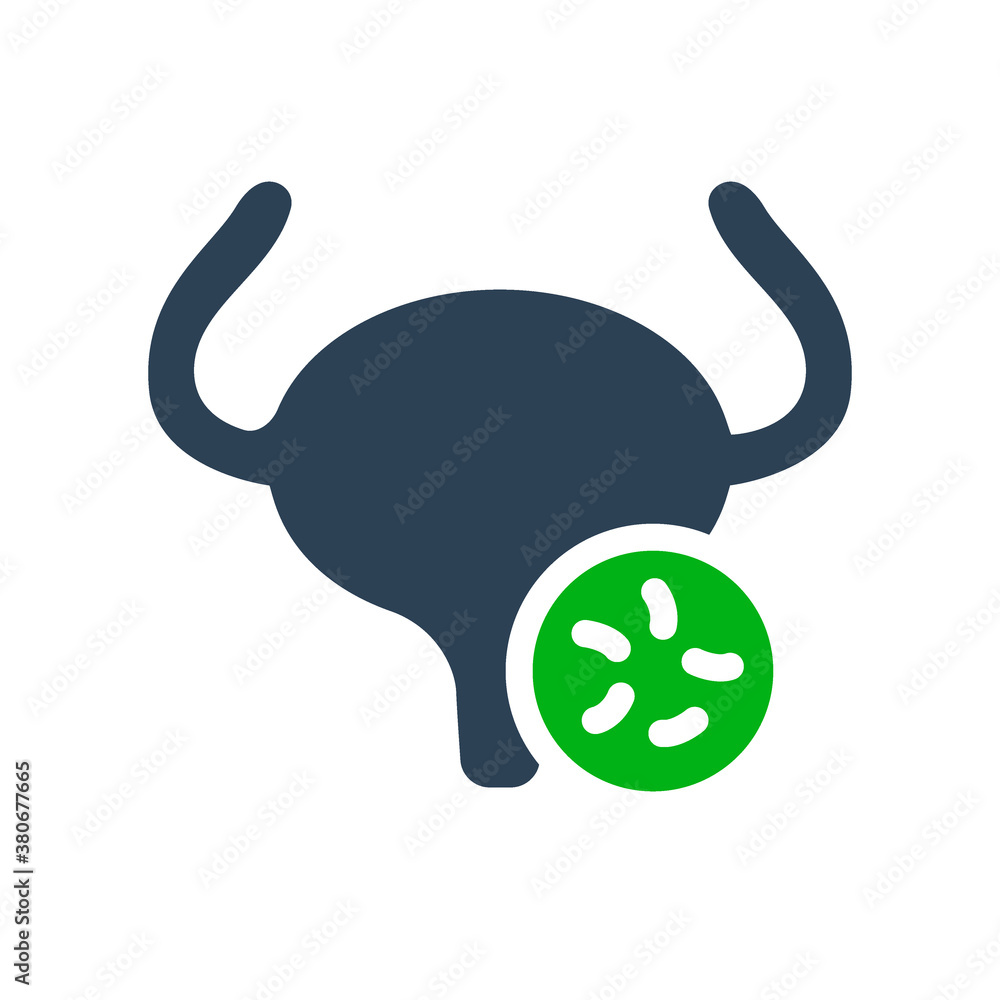 Urinary bladder with bacteria colored icon. Diseased internal organ ...