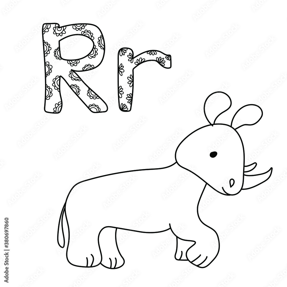 Coloring page for study letter R, outline illustration of rhino and ...