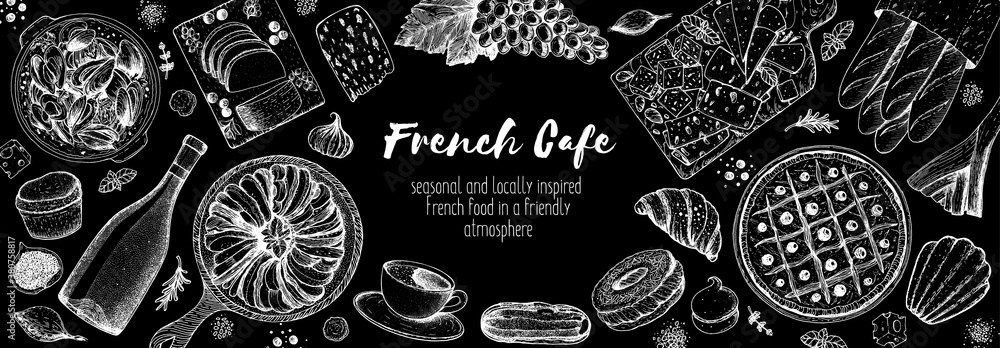 French food top view, Hand drawn. Classic French dishes. Food menu ...