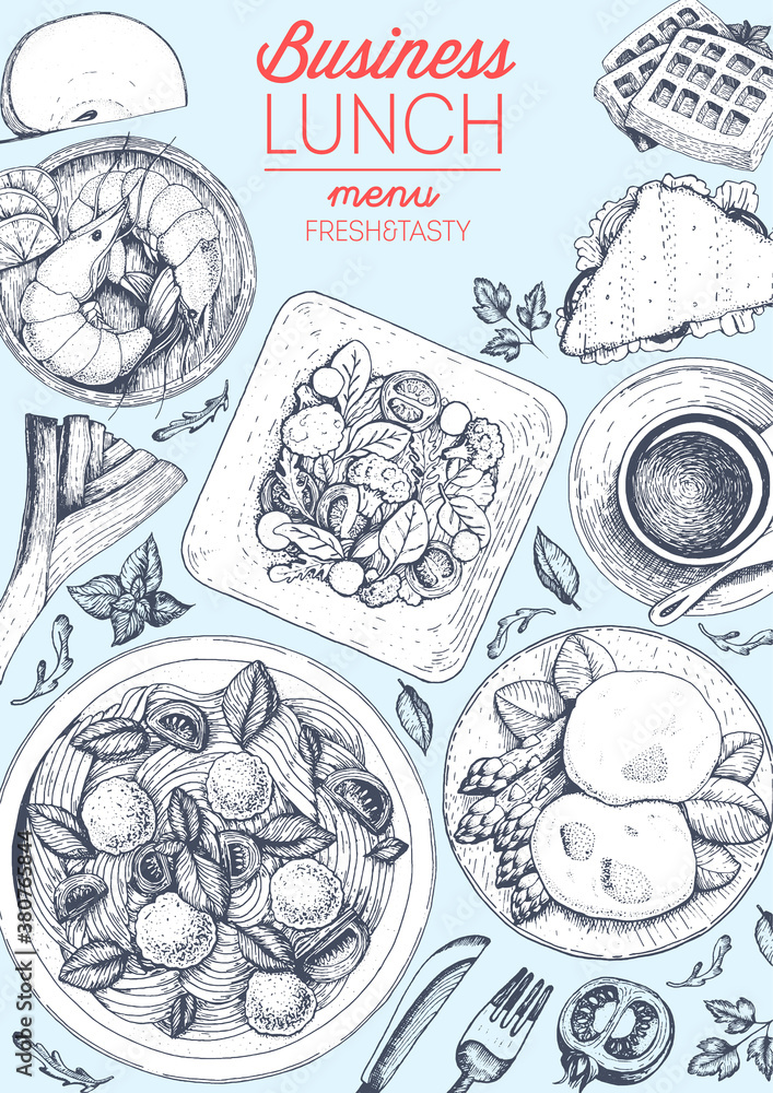 Business lunch top view frame. Food menu design. Vintage hand drawn ...