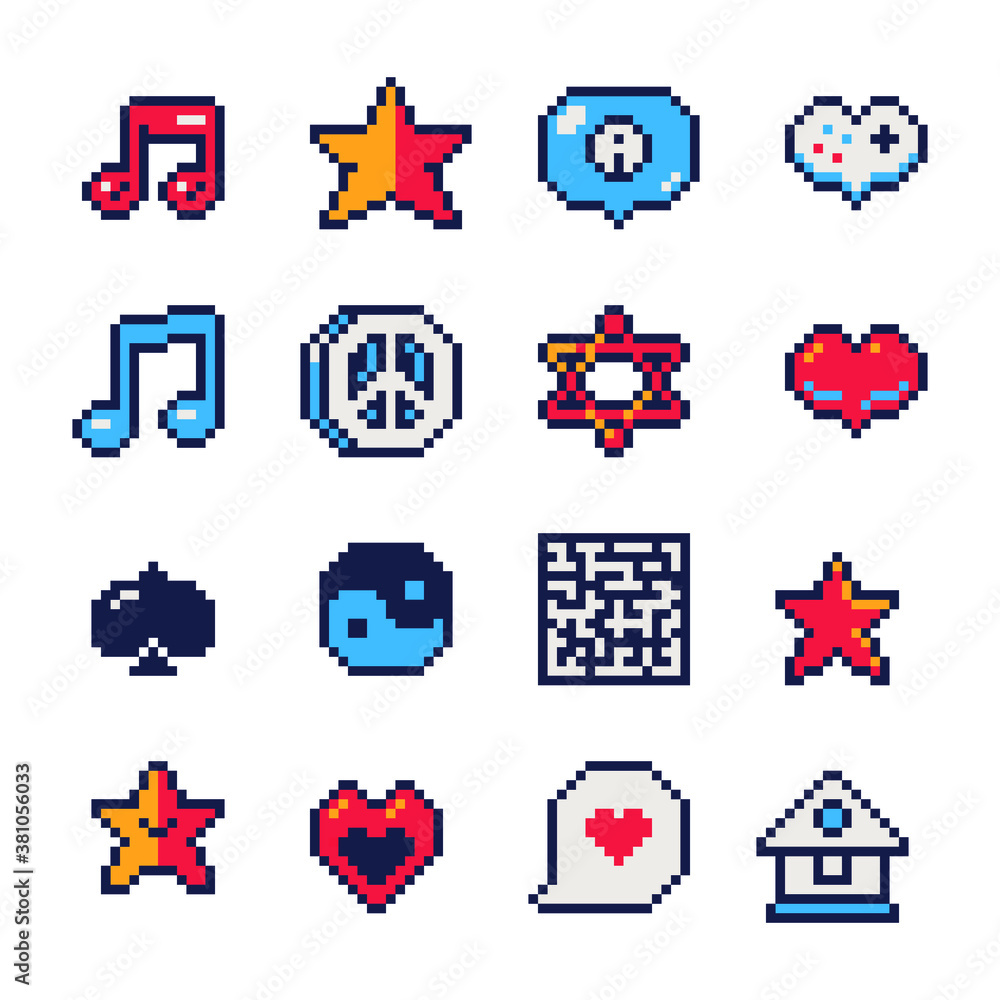 Pixel art fun stickers design, heart, music note, star, house, yin and ...