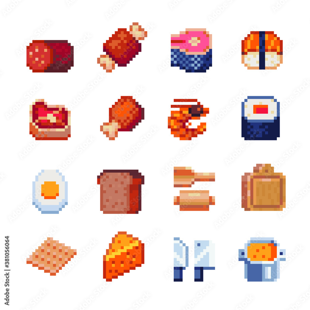 Tasty food pixel art icons set. Design stickers, logo, mobile app. Game ...