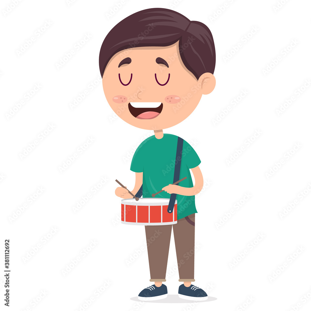 little boy playing drum, kid drummer performance, cartoon vector ...