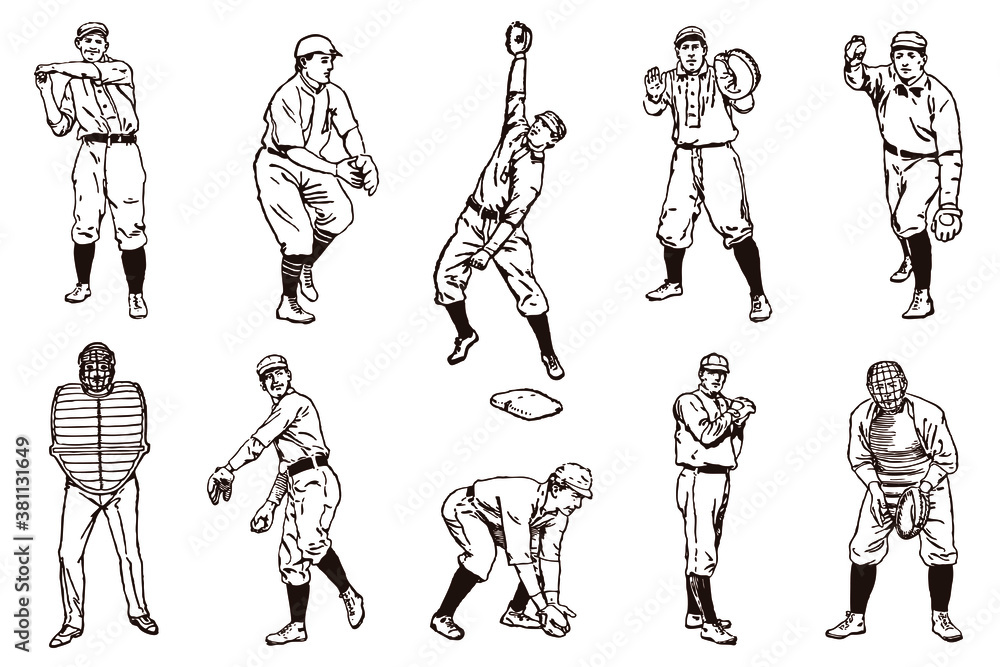 Group of vintage baseball players in row, after antique illustrations ...