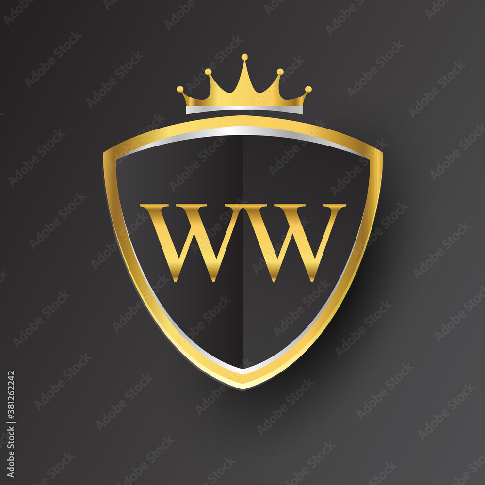 Initial logo letter WW with shield and crown Icon golden color isolated ...