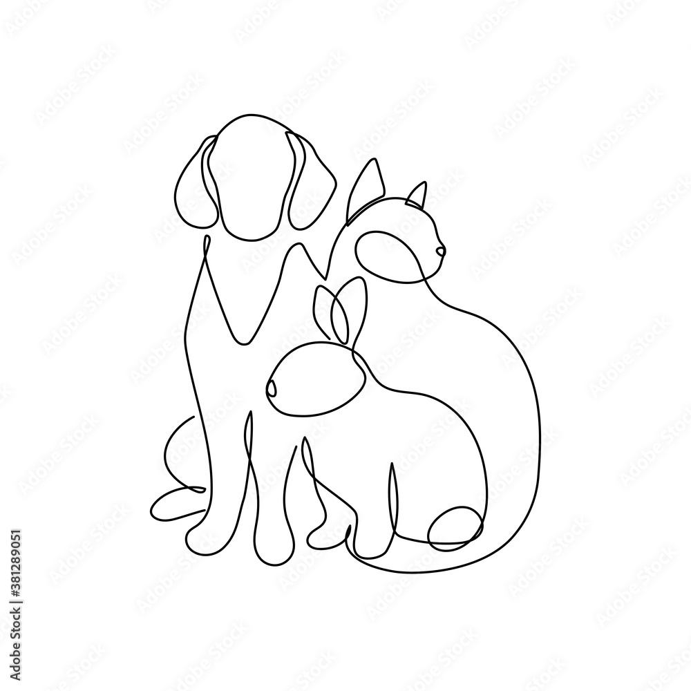 Continuous one line drawing. dog, cat and bunny logo. Pet shop design ...