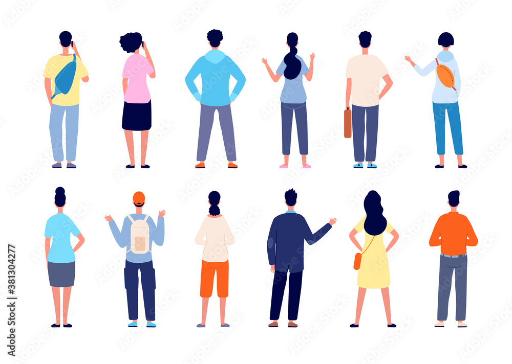 People back view. Man standing, isolated persons from backs. Flat ...