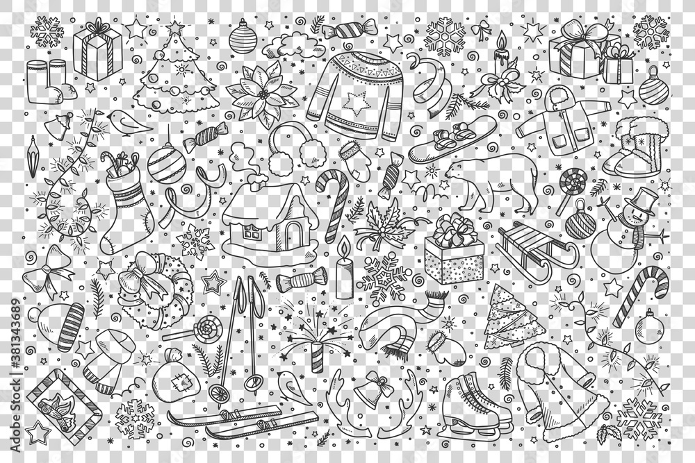 Winter doodle set. Collection of hand drawn sketches templates patterns ...
