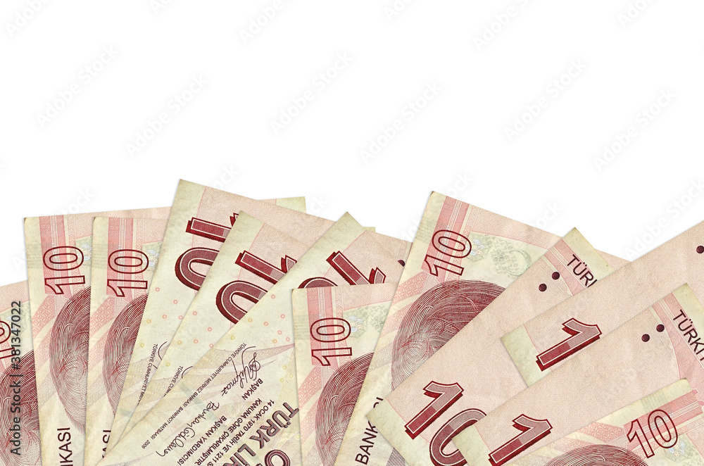 10 Turkish liras bills lies on bottom side of screen isolated on white ...