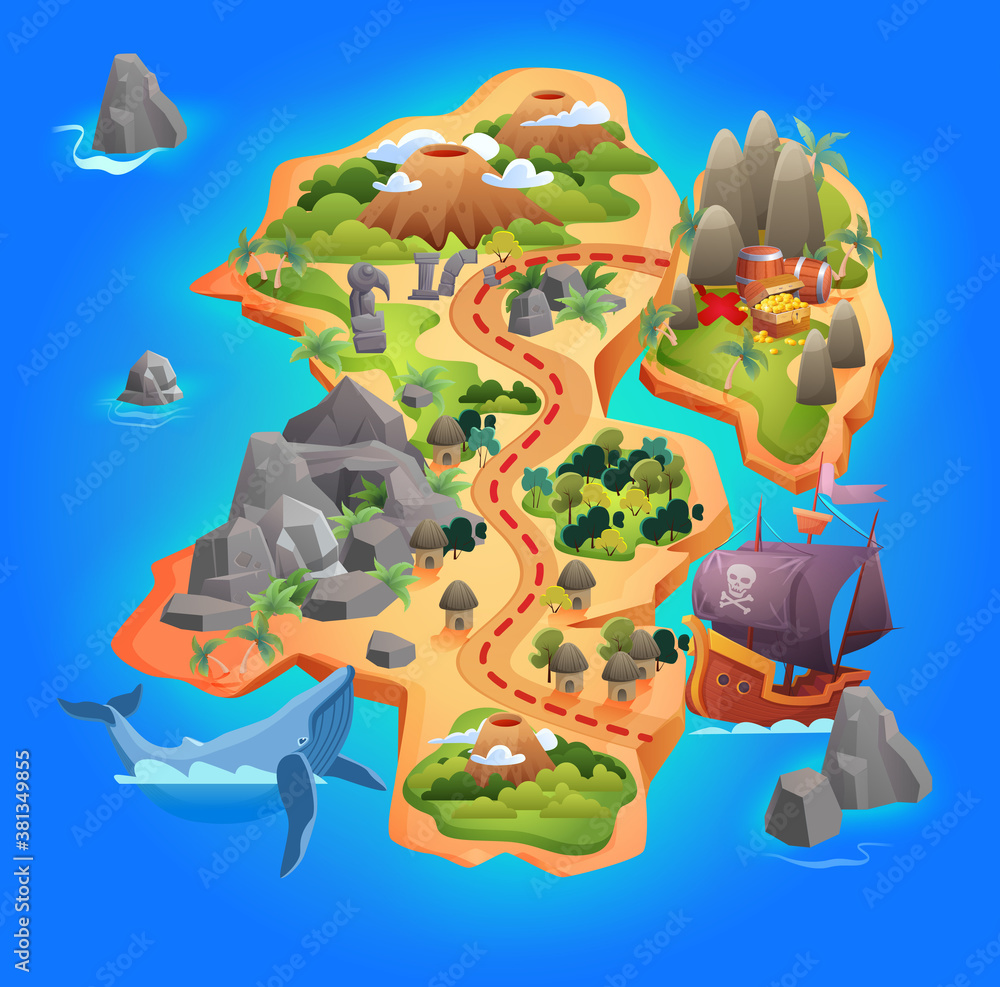Treasure game map vector illustration. Cartoon tropical island map ...