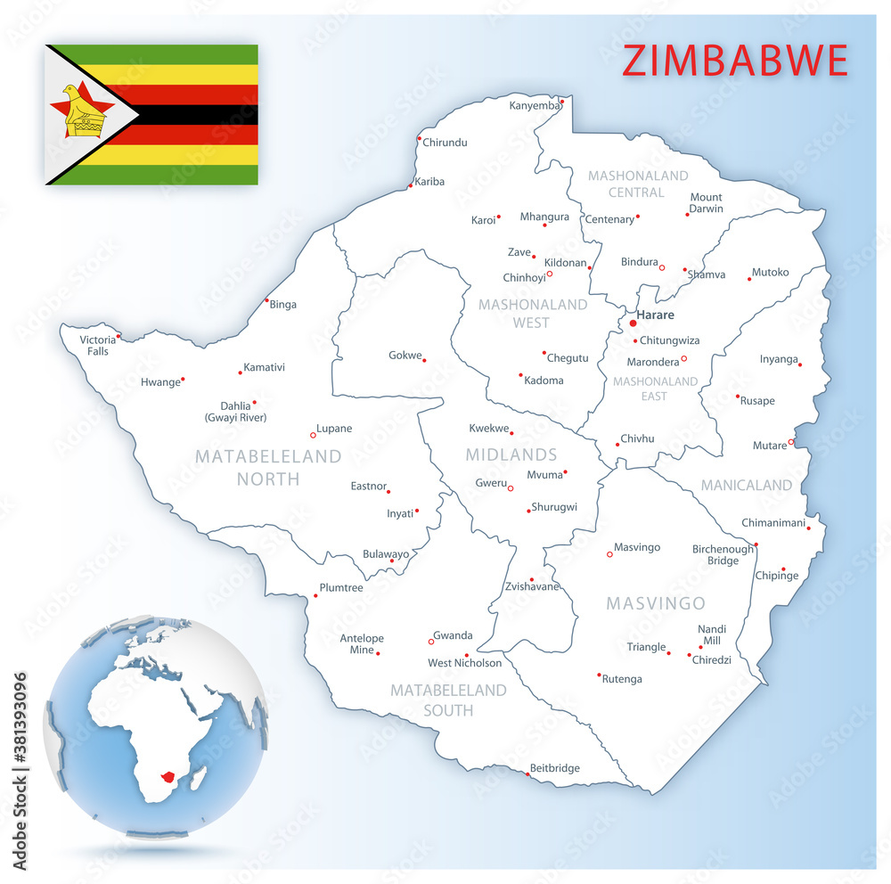 Detailed Zimbabwe administrative map with country flag and location on ...
