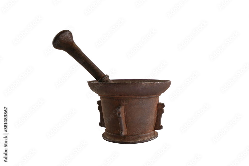 Side view of an antique, rusty and aged pestle and mortar isolated on ...