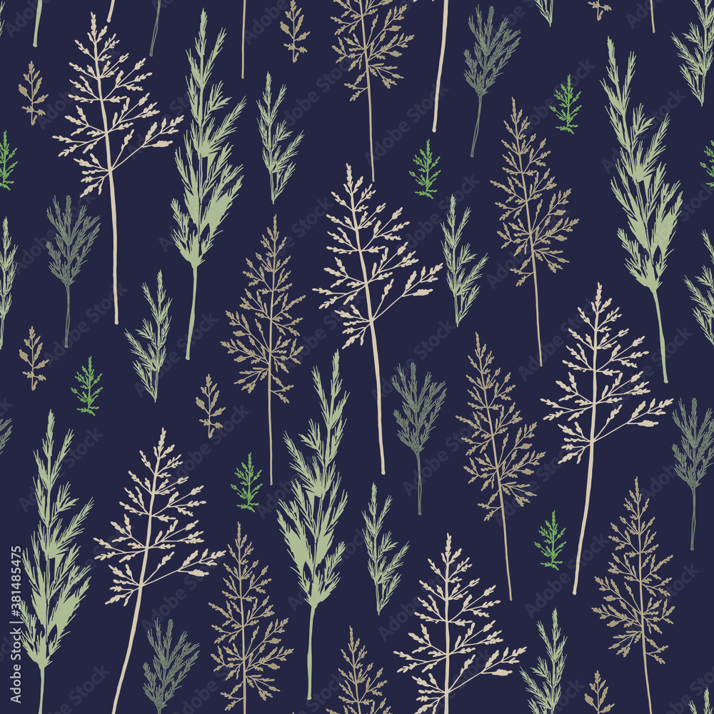 Seamless pattern of different types of field herbs and branches. For ...