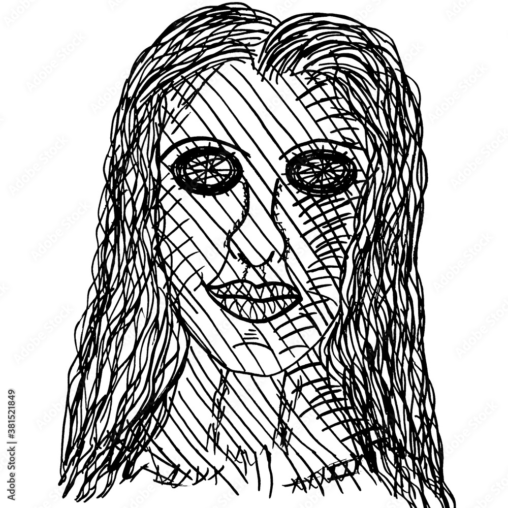A black-haired woman with strange eyes or without eyes, stylized as a ...