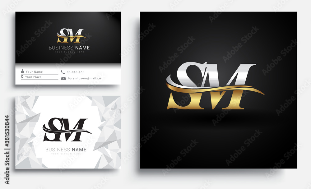 initial letter SM logotype company name colored gold and silver swoosh ...