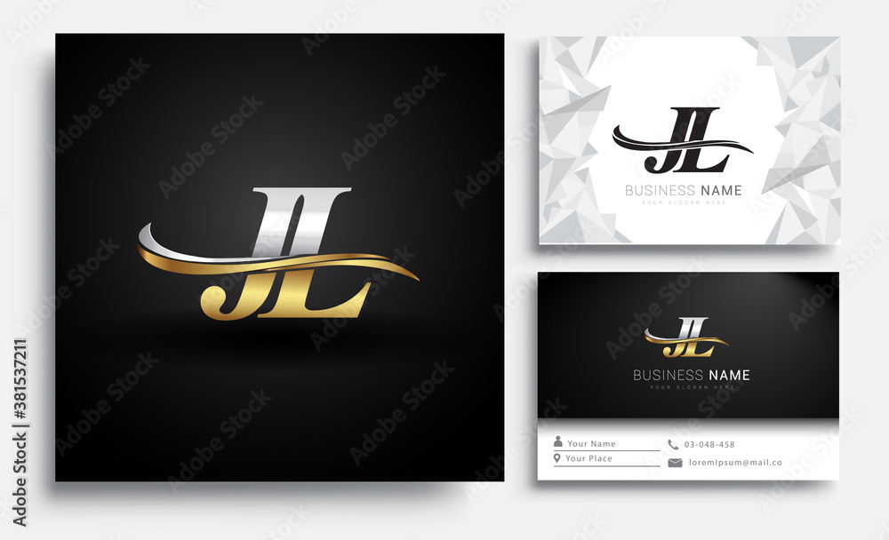 initial letter JL logotype company name colored gold and silver swoosh ...