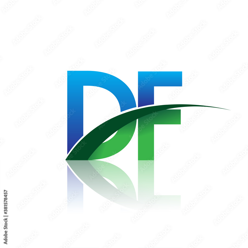 initial letter DF logotype company name colored blue and green swoosh ...