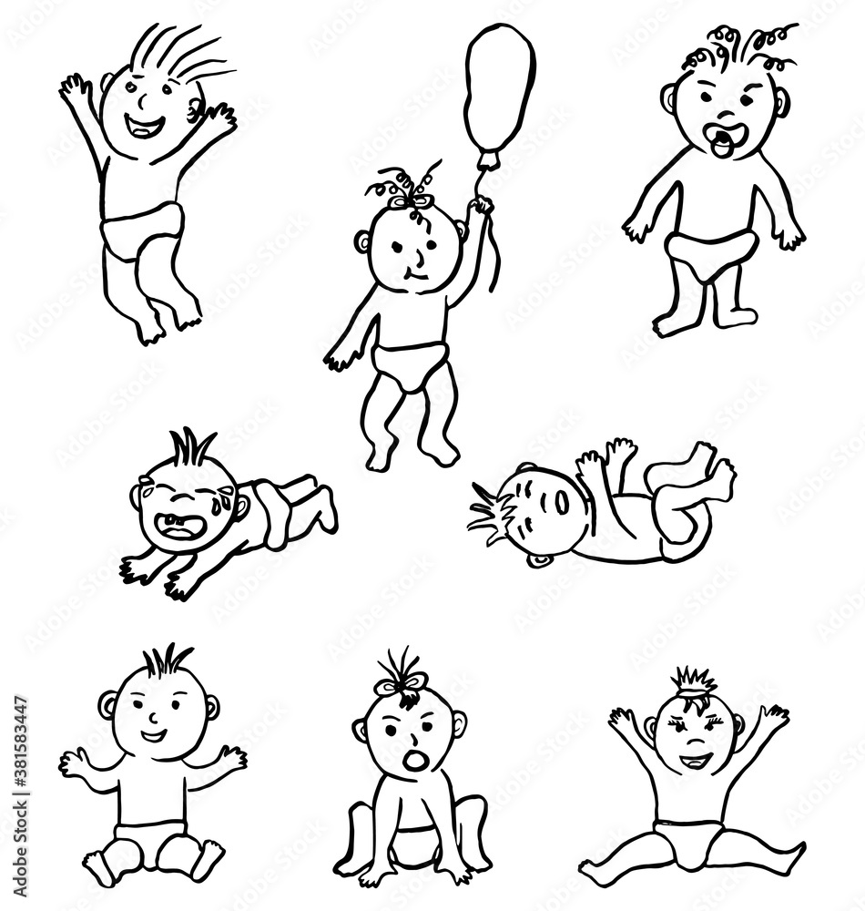Set of black and white vector sketches of funny babies. A casual hand ...
