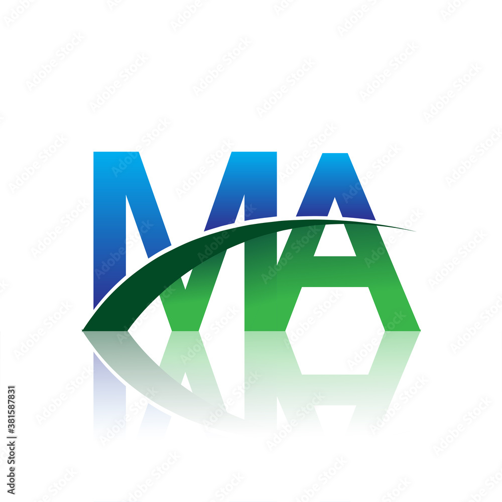 initial letter MA logotype company name colored blue and green swoosh ...