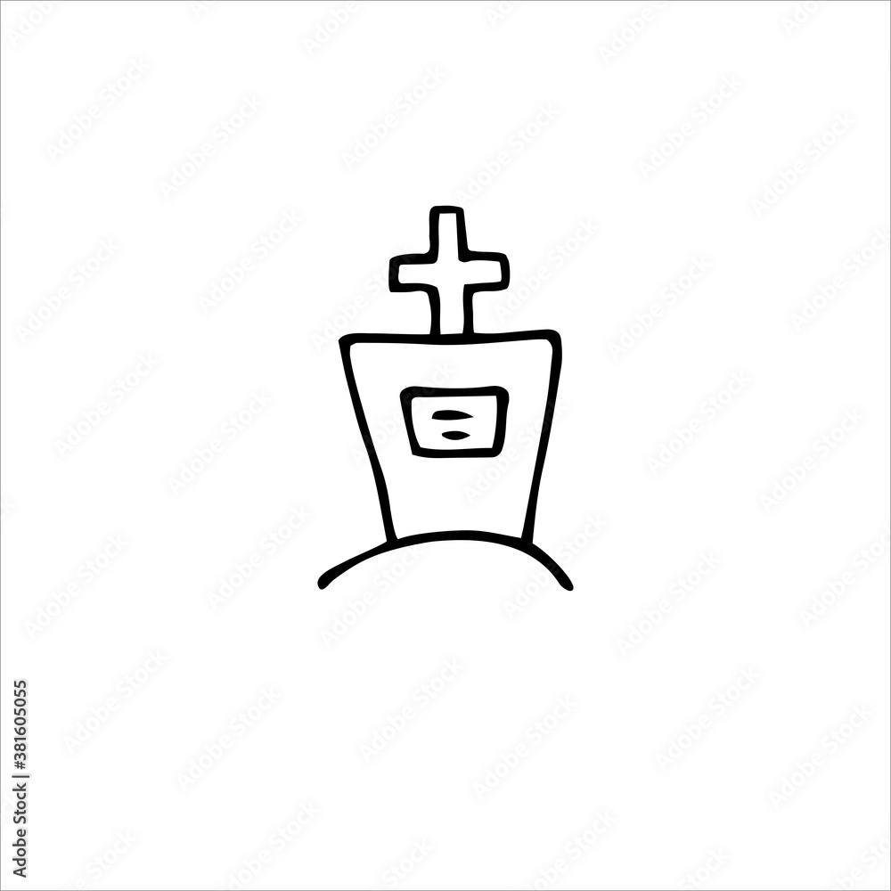 Vector doodle cross. Outline grave isolated on white background. Headstone, cross on the tomb on ...