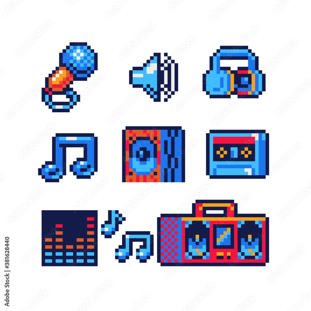Technology audio. Music theme pixel art icons set. Microphone, audio ...