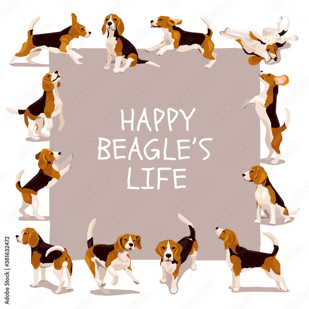 Happy beagle life vector card or poster with cute flat funny plaing ...