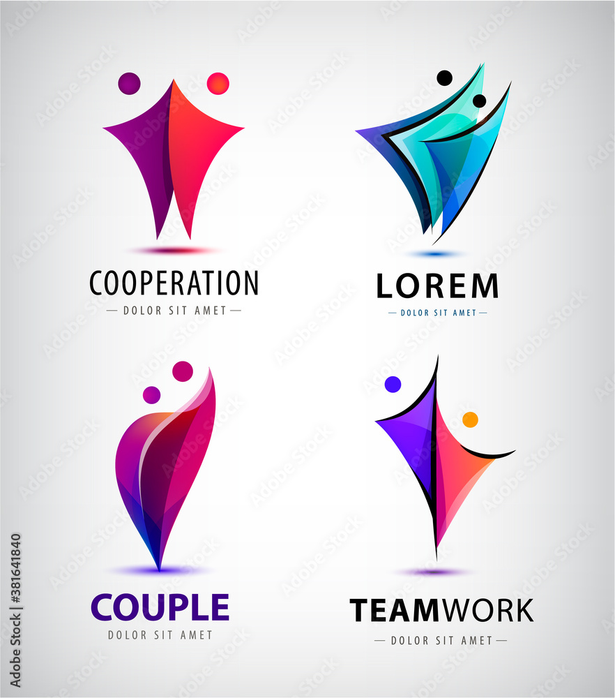 Vector set of two, pair, 2 people logos. Couple, team, friendship concept human signs ...