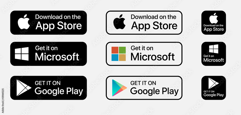 Apple App store, Microsoft store, Google Play store, download App buttons. Isolated black and ...