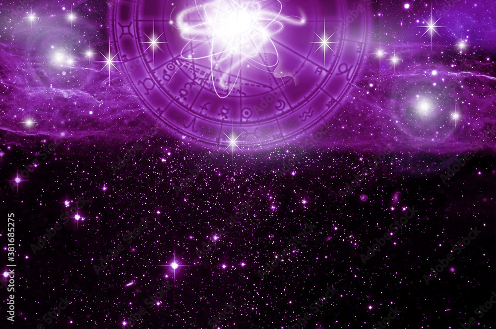 horoscope with zodiac and planets symbols over purple universe ...