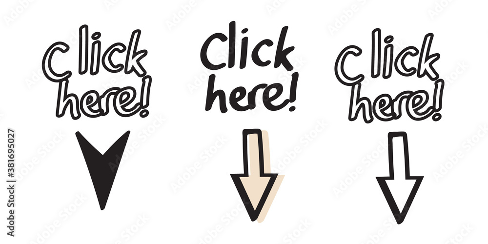 hand drawn click here with arrow vector illustration. Sticker set for ...
