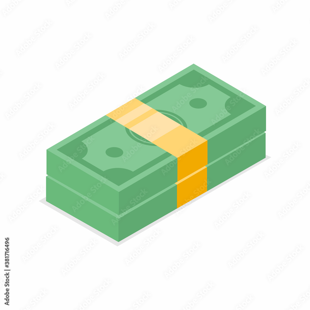 Stack of cash symbol flat style isometric view. Dollars banknote ...