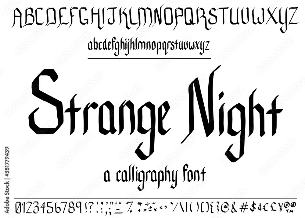 Hand drawn font typeface. Letters in traditional calligraphy style ...