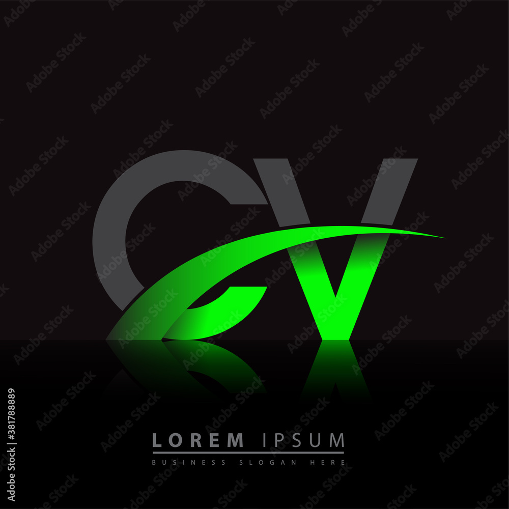 initial letter CV logotype company name colored green and black swoosh ...