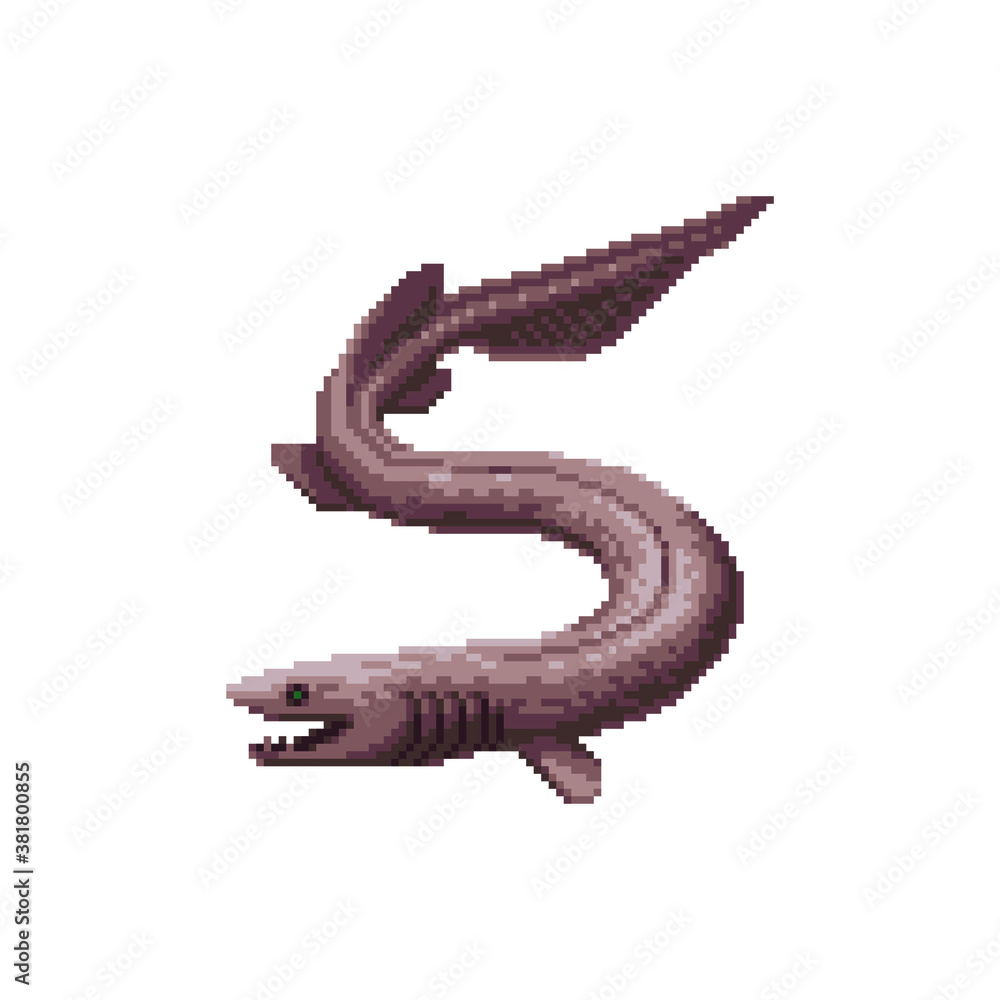 Frilled shark predatory fish isolated vector illustration. Pixel art ...