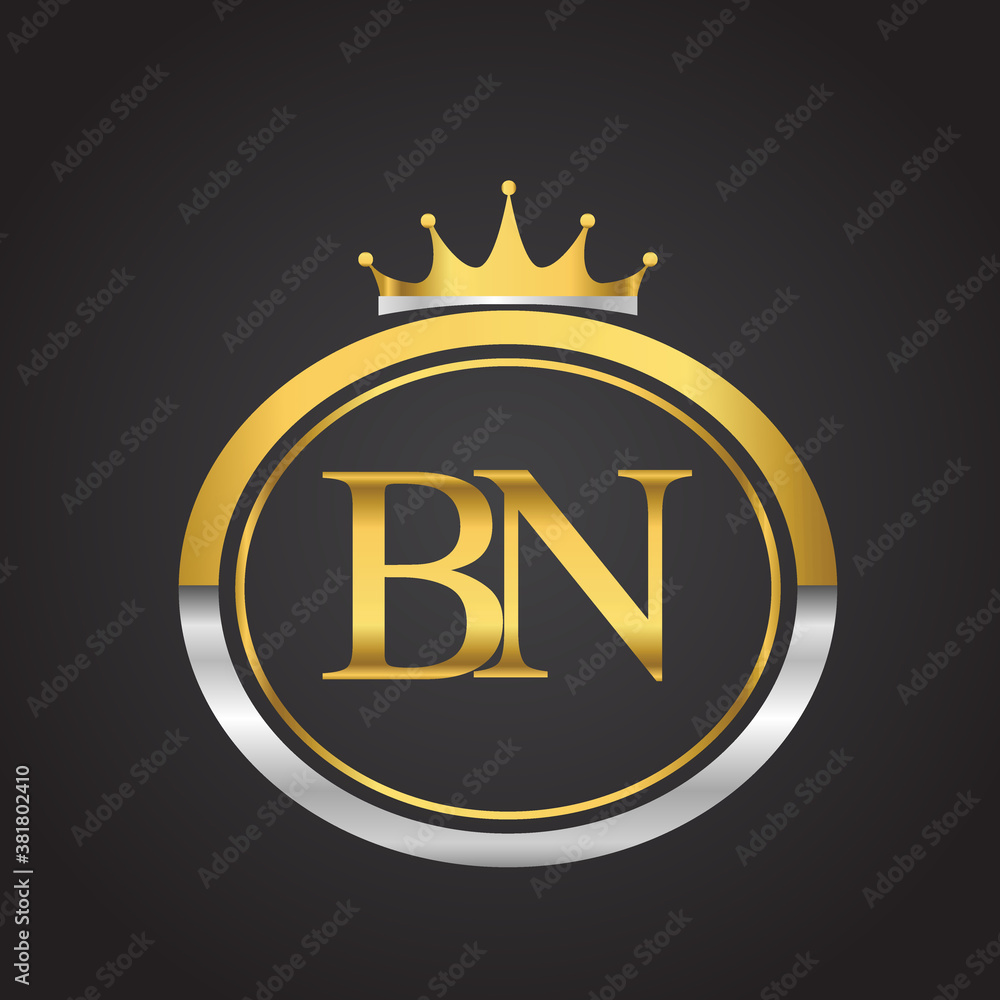 initial letter BN logotype company name with oval shape and crown, gold ...