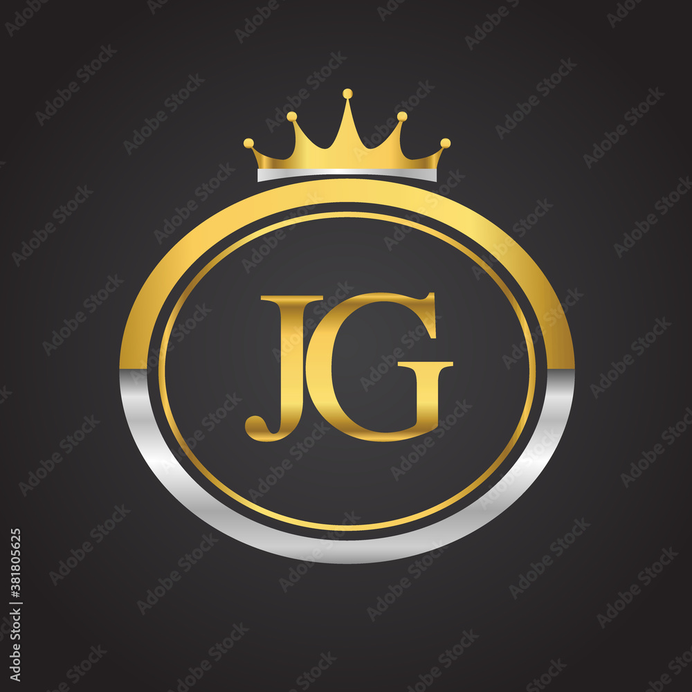 initial letter JG logotype company name with oval shape and crown, gold ...