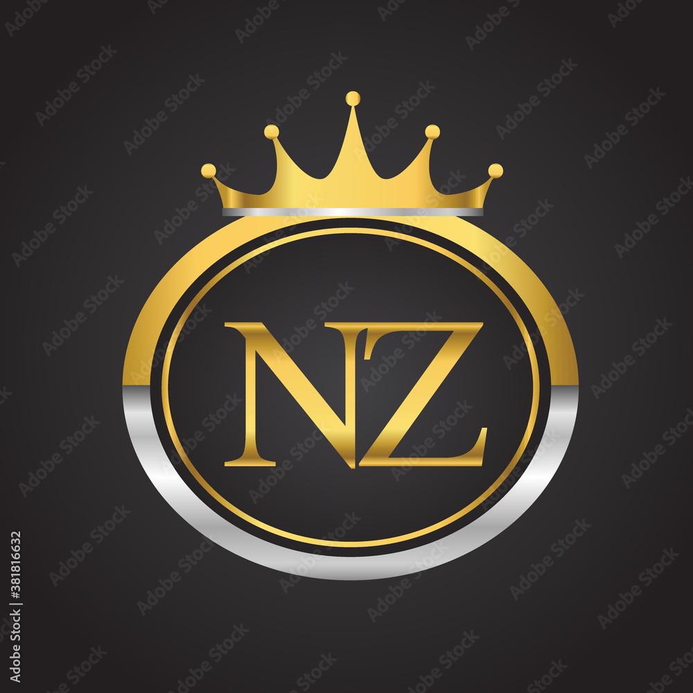 initial letter NZ logotype company name with oval shape and crown, gold ...