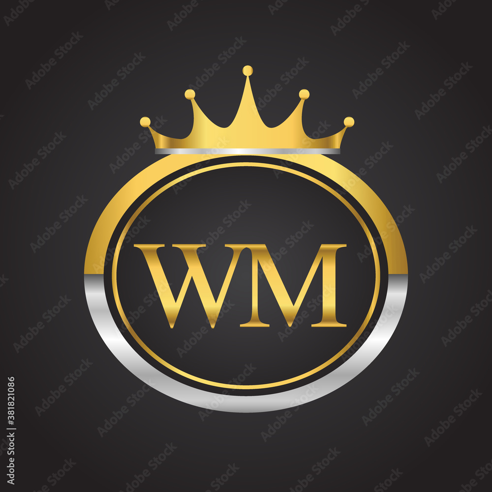 initial letter WM logotype company name with oval shape and crown, gold ...