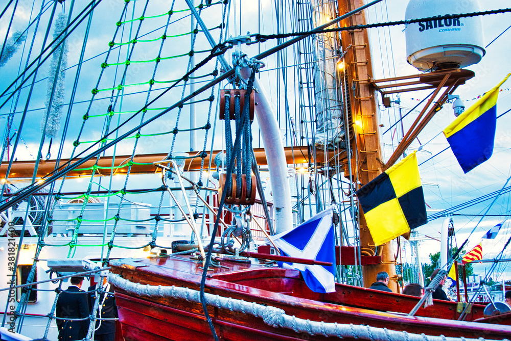 Nautical tackles and equipment of the old tall ship. Rigging ropes and ...