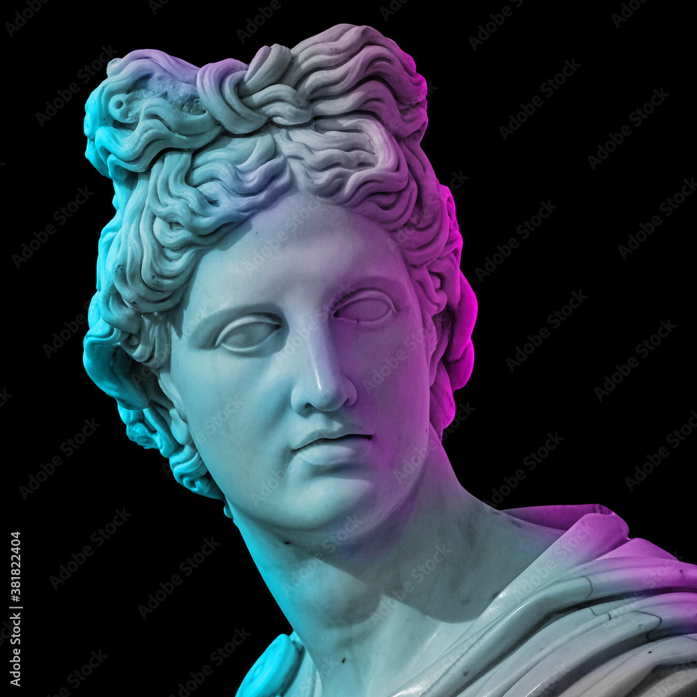 Statue of of Apollo God of Sun. Creative concept colorful neon image ...